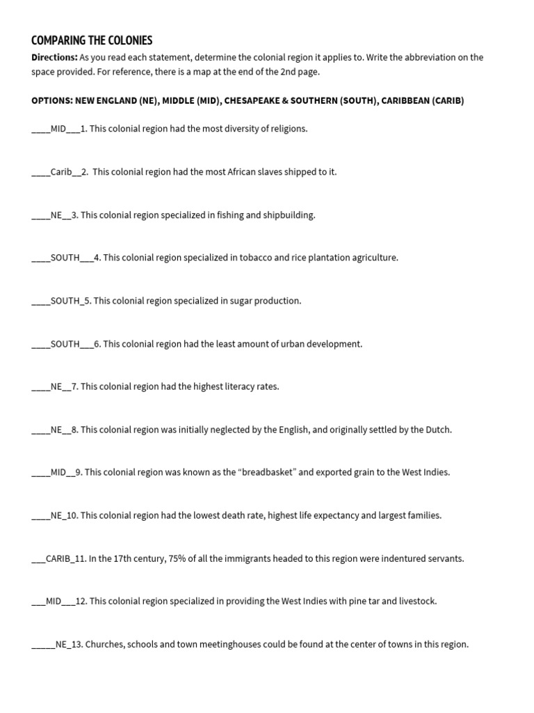 Student Handout - Comparing The Colonial Regions | PDF
