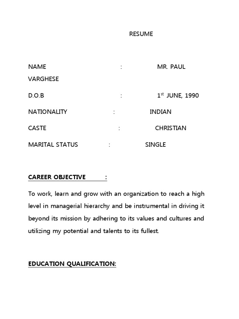 Resume of Paul Varghese - Career Goals | PDF | Sports & Recreation ...