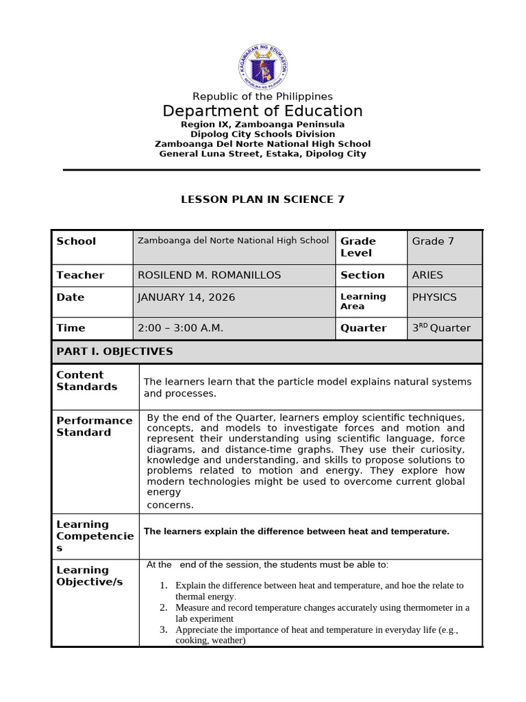 Lesson Plan Romanillosaries 7 | PDF | Temperature | Heat