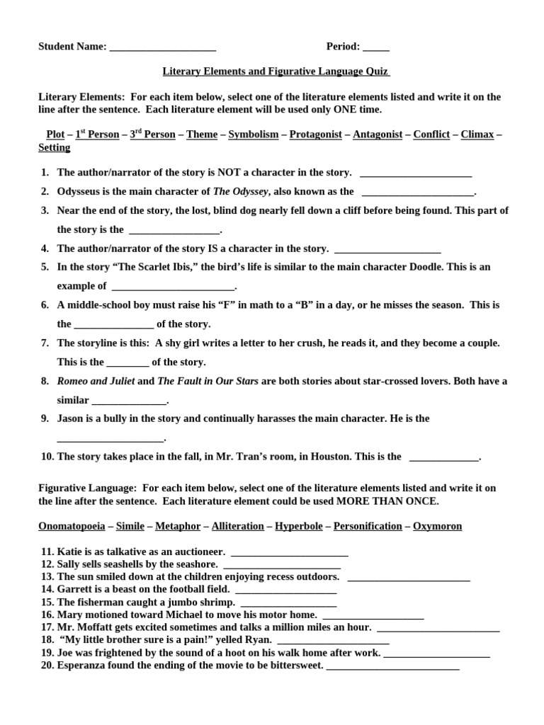 Literary Elements & Figurative Language Quiz | PDF
