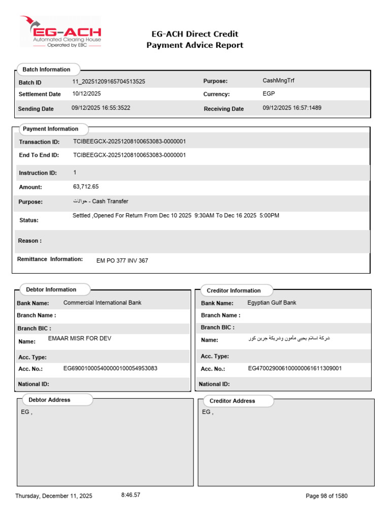 EG-ACH Direct Credit Payment Report | PDF