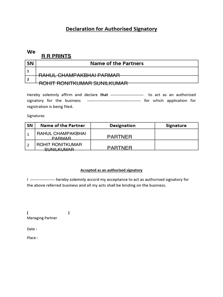 Declaration For Authorised Signatory For GST | PDF