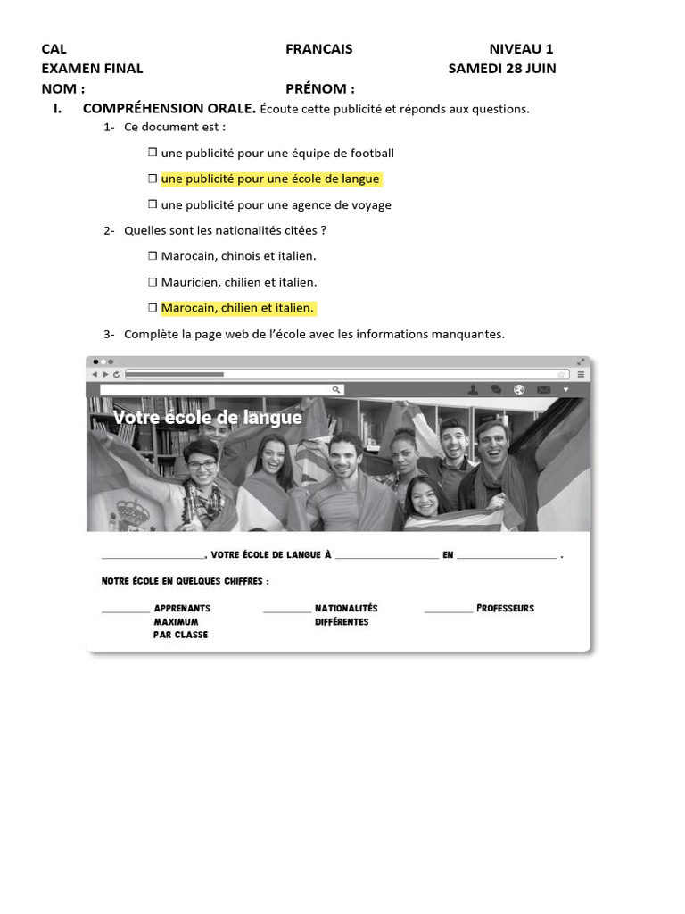 Examen Final Français Niveau 1 | PDF | Linguistique | Langues