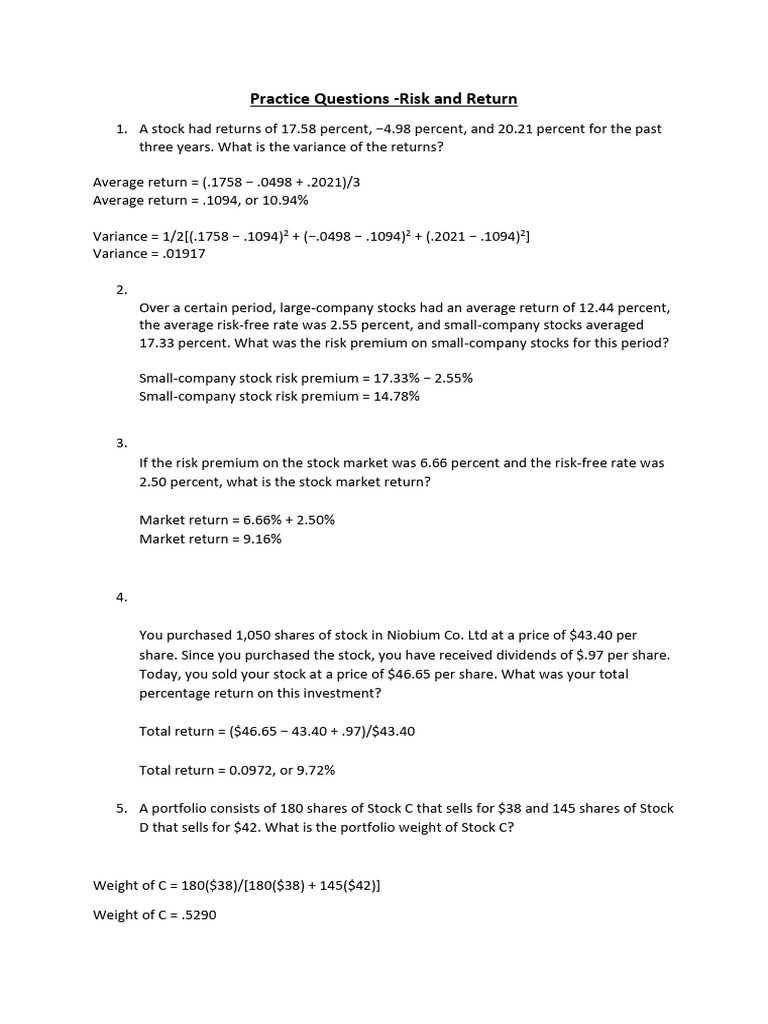 Risk and Return Practice Questions | PDF | Stocks | Market Liquidity