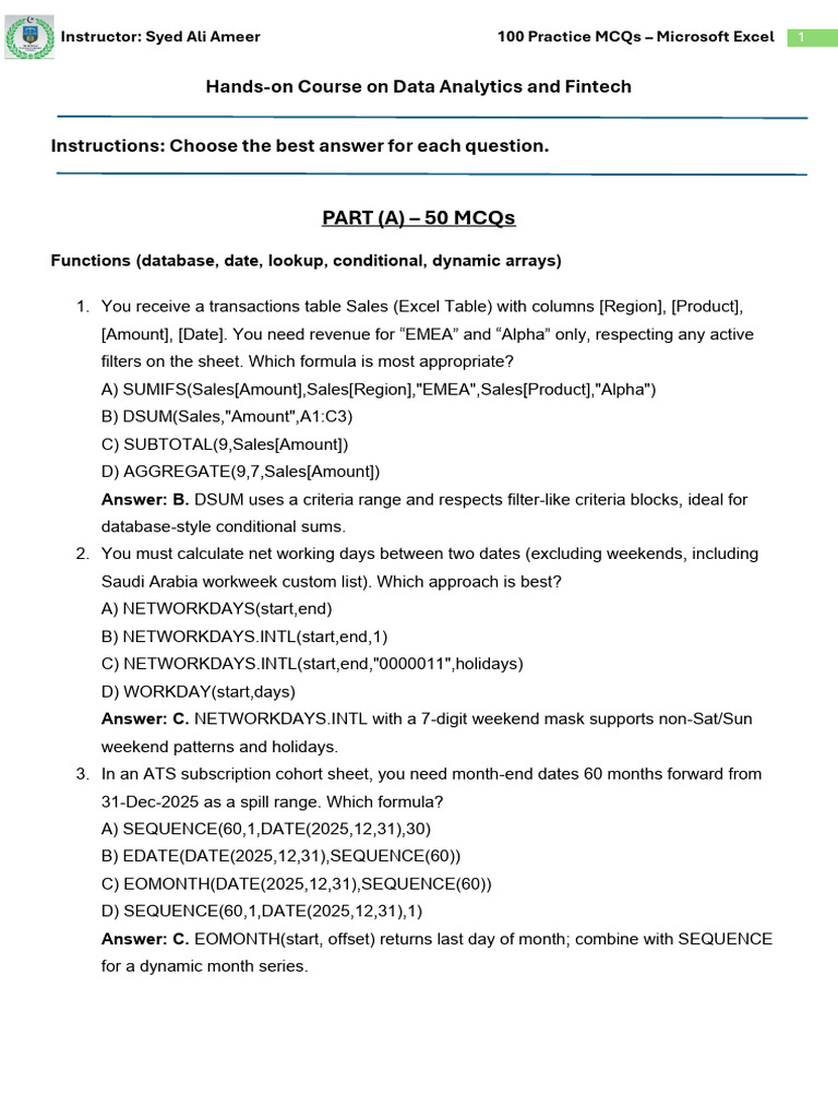 100 Excel MCQs for Data Analytics | PDF | Net Present Value | Internal ...