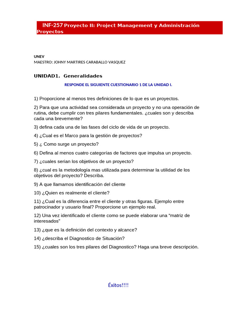 Cuestionario No. 1 de INF-257 PROYECTO II (2) | PDF