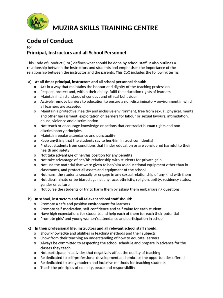Muzira Skills Training Centre Code of Conduct | PDF | Teachers | Schools