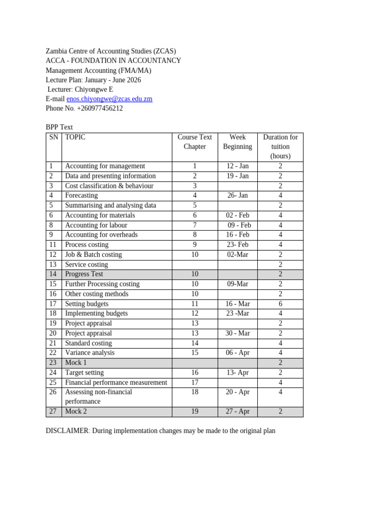 Zcas Lecture Plan Fma Jan 2026 | PDF