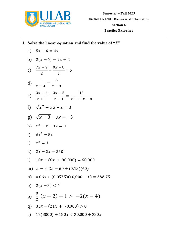 Linear Equations and Inequalities Practice | PDF