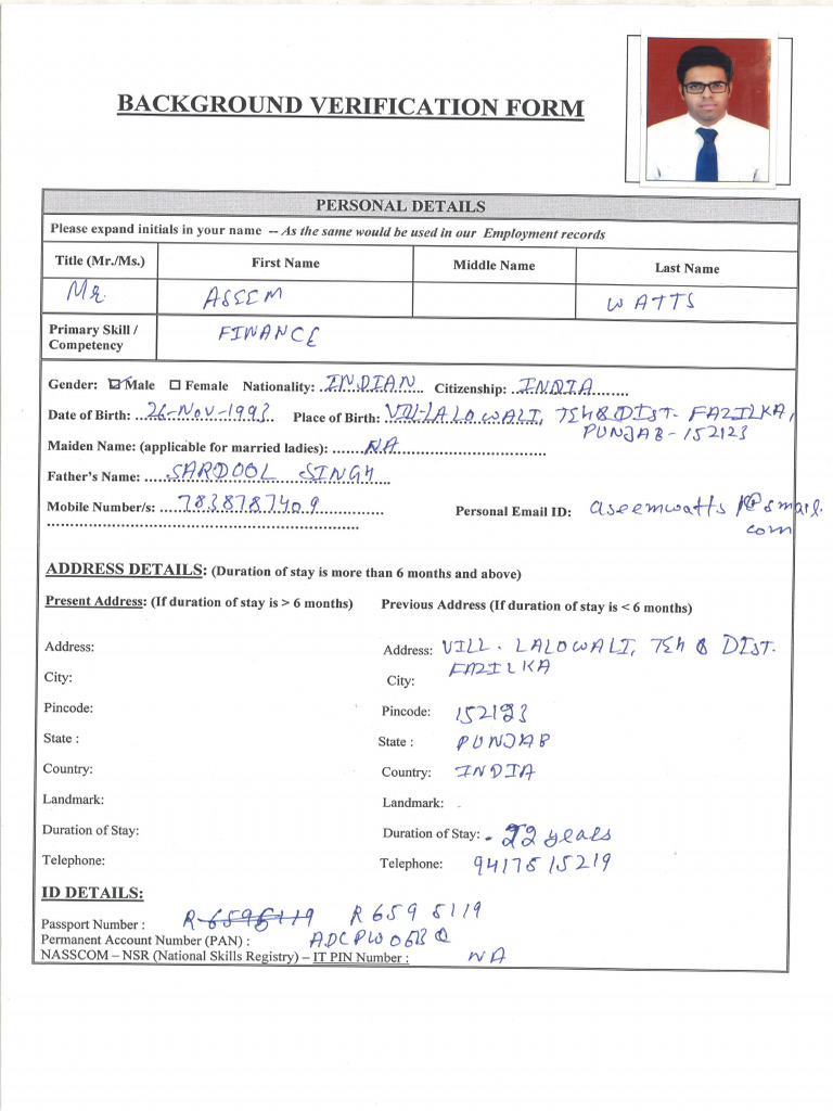 Background Verification Form | PDF