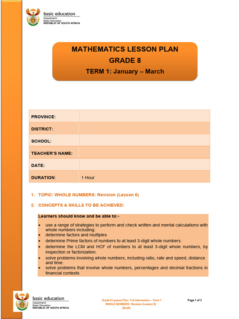 Grade 8 Whole Numbers Lesson Plan | PDF | Lesson Plan | Teachers