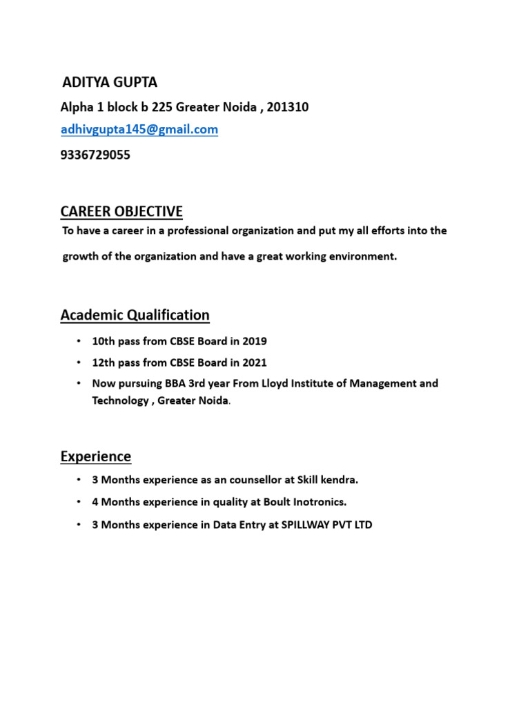 Aditya Gupta - BBA Student Resume | PDF