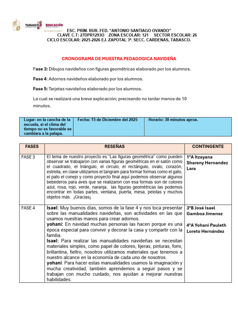 CRONOGRAMA MUESTRA PEDAGOGICA NAVIDEÑA ASO | PDF