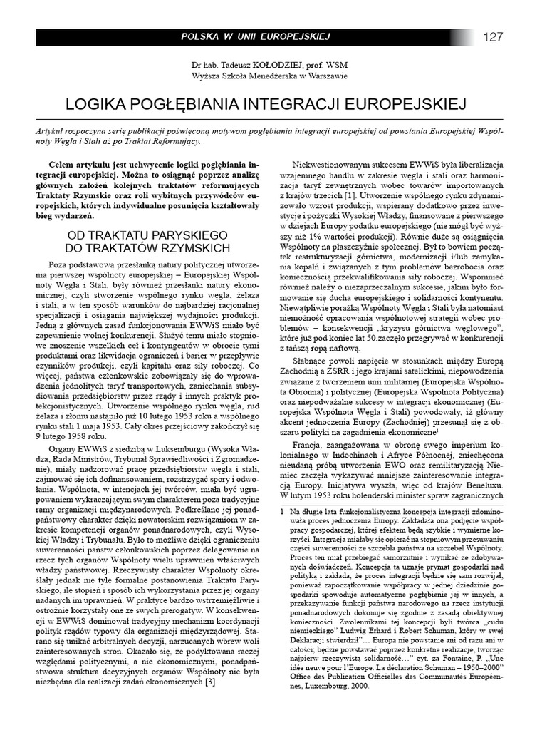 Logika Pogłębiania Integracji Europ | PDF