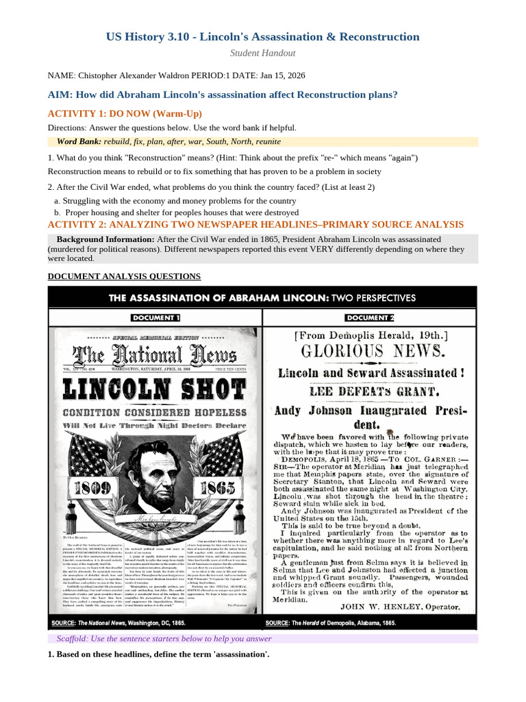 Christopher Waldron - Lincoln Reconstruction Scaffolded ICT | PDF ...