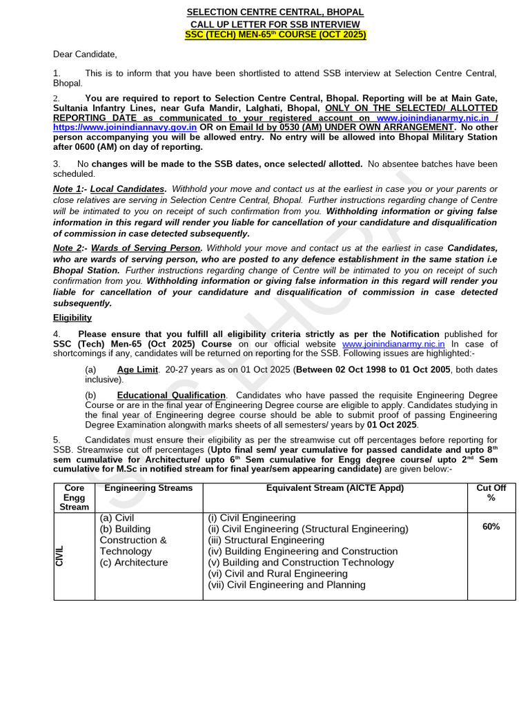 Call Up Letter SCC Bhopal For SSC (Tech) 65 Oct 2025 Course | PDF ...