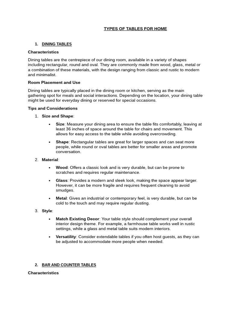 Types of Home Tables Explained | PDF | Bedroom | Chair