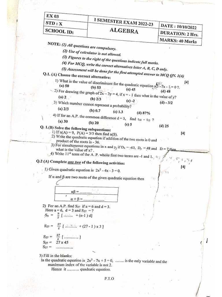 Algebra Paper 1 | PDF