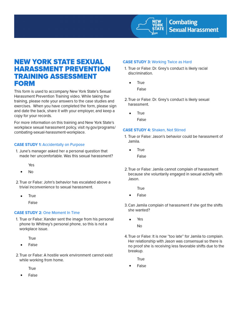NY Sexual Harassment Training Assessment | PDF | Sexual Harassment ...