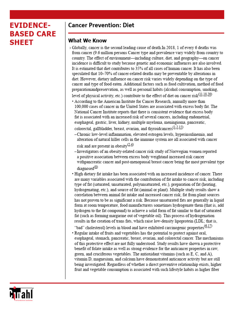 Nutrition Reference Center Care Sheet Cancer Prevention Diet | PDF ...