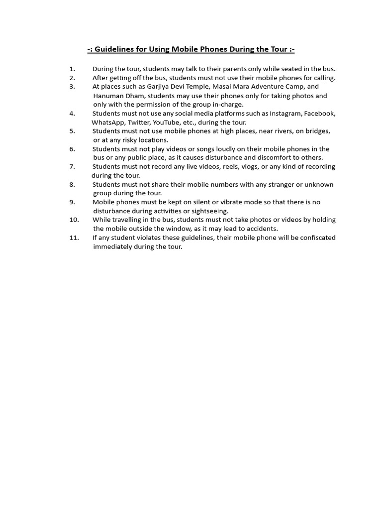 Guidelines For Using Mobile Phones During The Tour | PDF