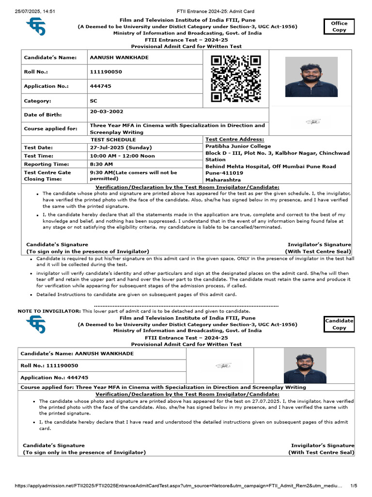 FTII Entrance Test 2024-25 Admit Card | PDF | Identity Document | Signature