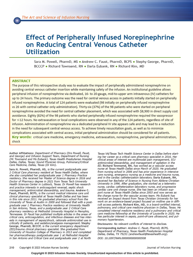 Effect of Peripherally Infused Norepinephrine On Reducing Central ...