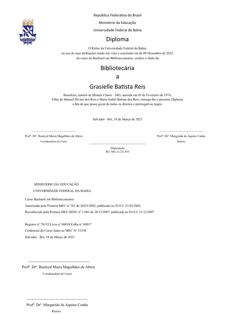 Diploma de Bibliotecária - UFBA 2023 | PDF