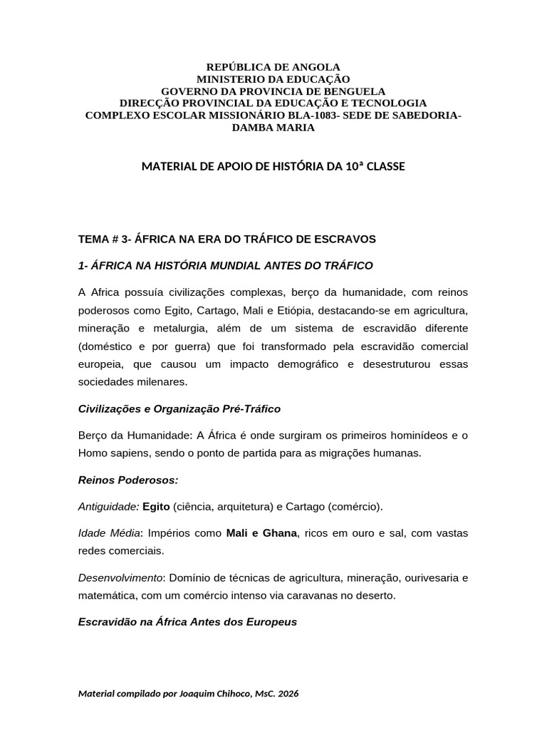 Material de Apoio, 10a Classe 2º Trimestre | PDF | Escravidão | África