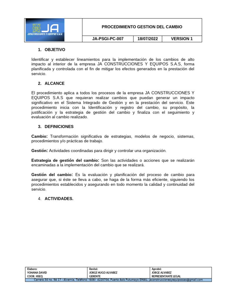 Ja-psgi-pc-008 Procedimiento Gestion Del Cambio v1 | PDF | Business