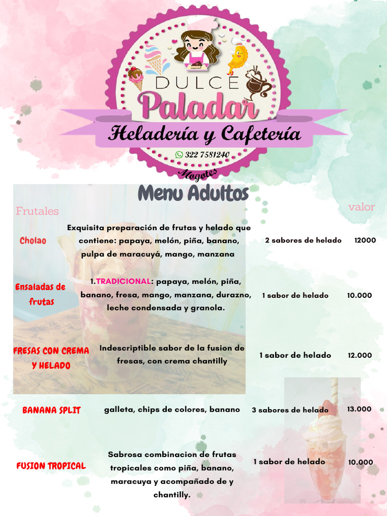 Rosado Bonito Helado Menú | PDF | Helado | Frutas comestibles