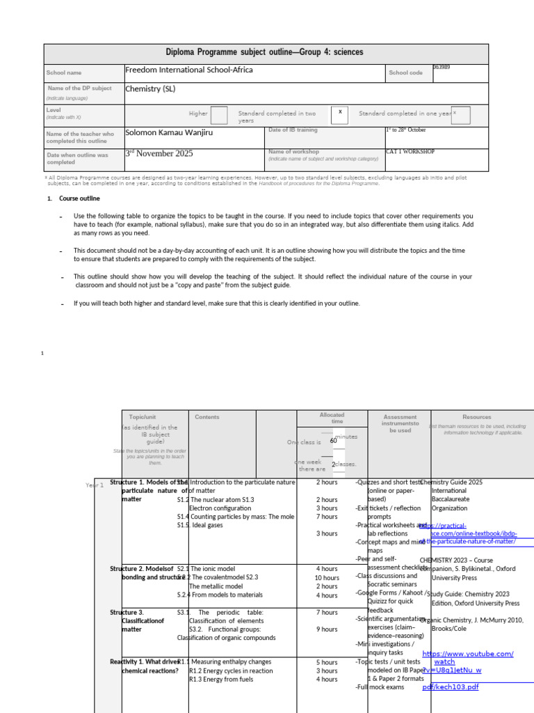 Chemistry SL Course Outline for IB DP | PDF | Chemical Reactions ...