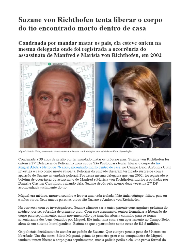 Suzane von Richthofen tenta liberar o corpo do tio encontrado morto dentro de casa | PDF