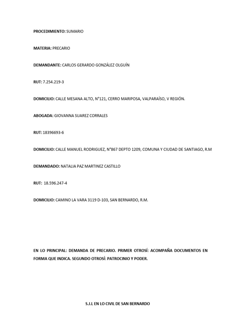 Demanda de Precario en San Bernardo | PDF | Ley común | Justicia