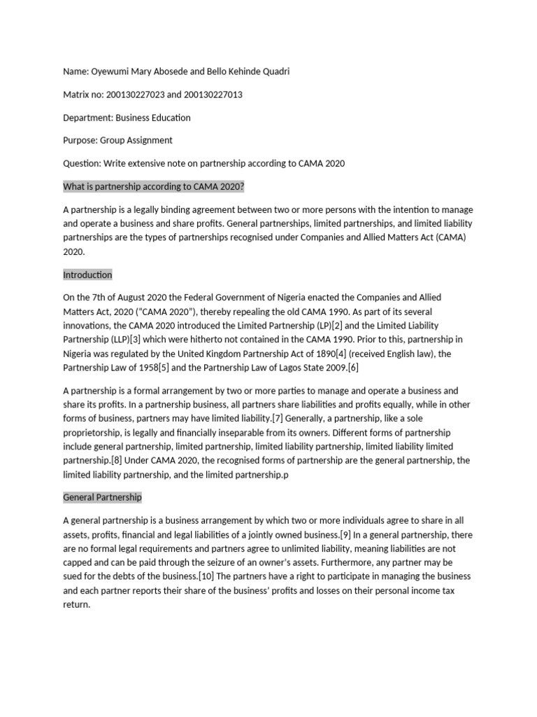 Partnership According to CAMA 2020 | PDF | Limited Liability ...