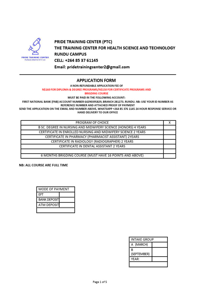 PTC Health Science Application Form | PDF