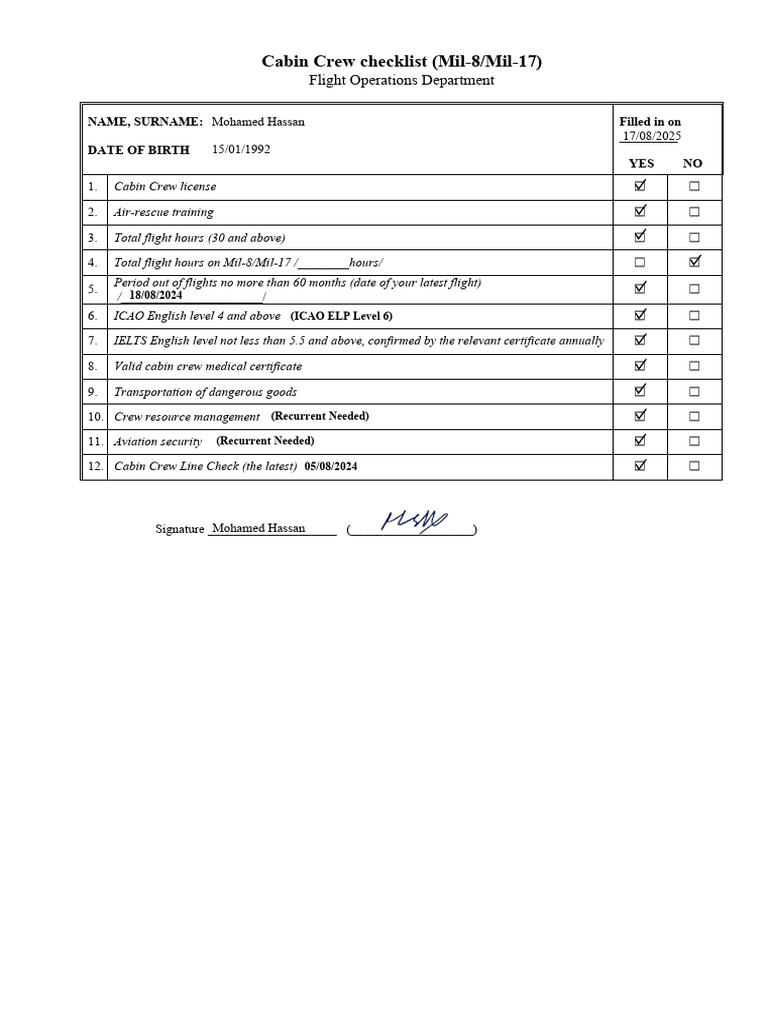 Mil-8/Mil-17 Cabin Crew Checklist | PDF