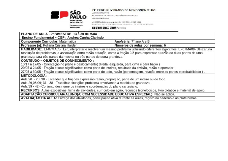PLANO DE AULA II Mat- Mai 7° | PDF