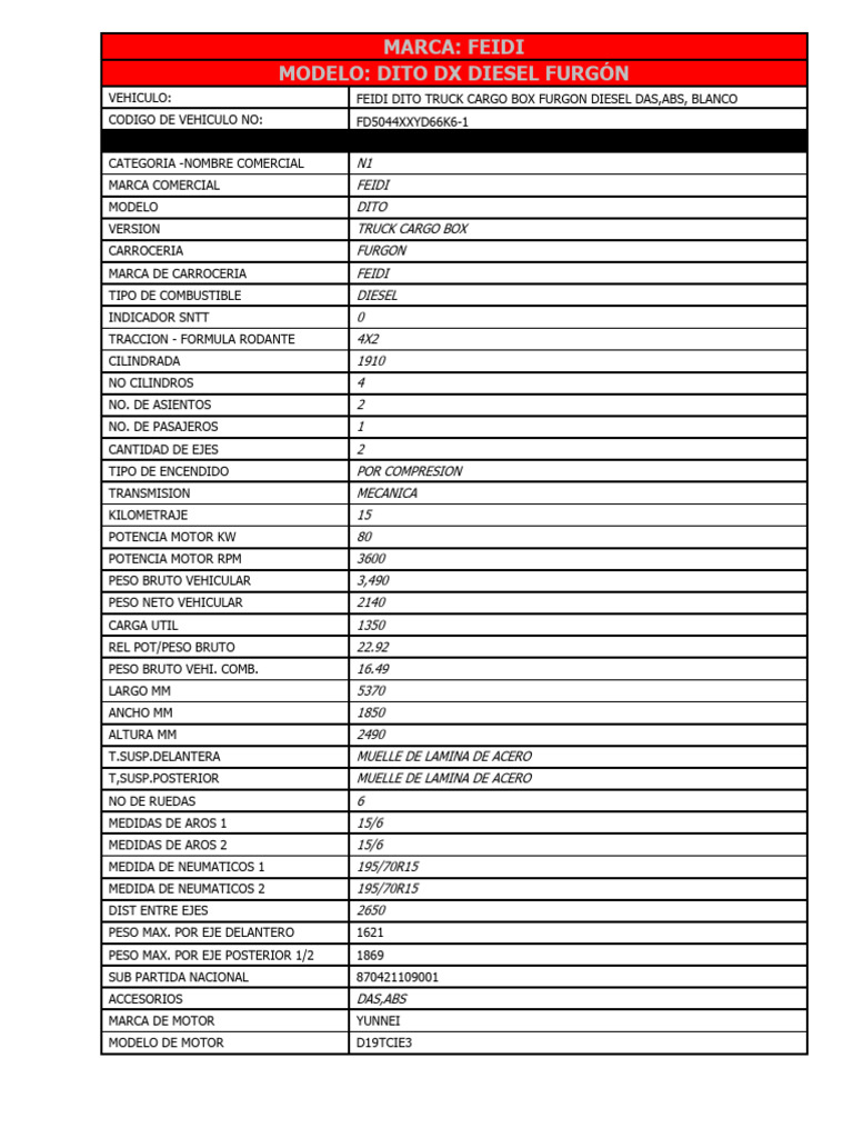 Furgón Diesel Feidi Dito DX 4x2 | PDF