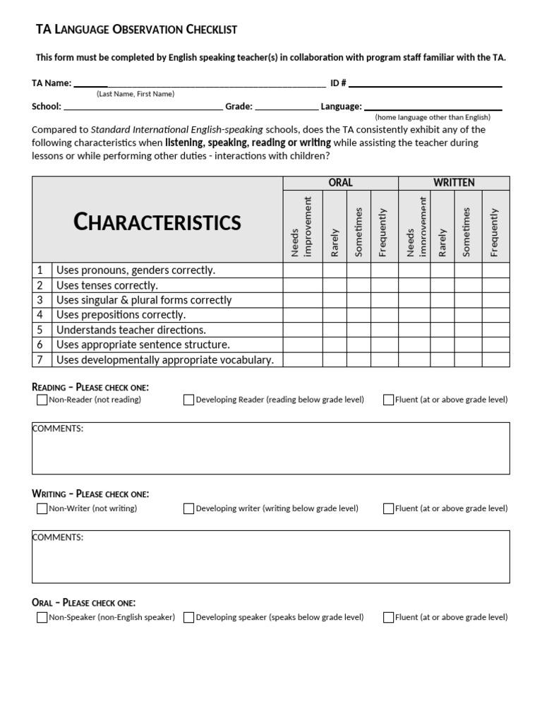 TA Language Observation Checklists | PDF | English Language | Syntax