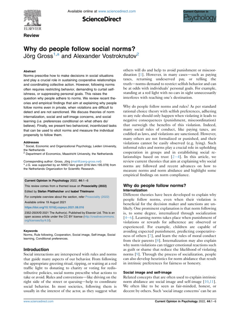 Why Do People Follow Social Norms-Jörg Gross & Alexander Vostroknutov ...