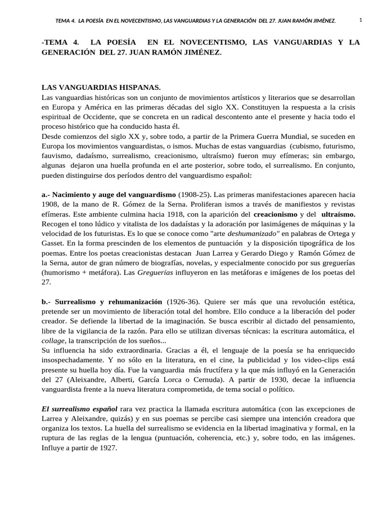 Tema 4 - La Poesía en El Novecentismo, Las Vanguardias y La Generación ...