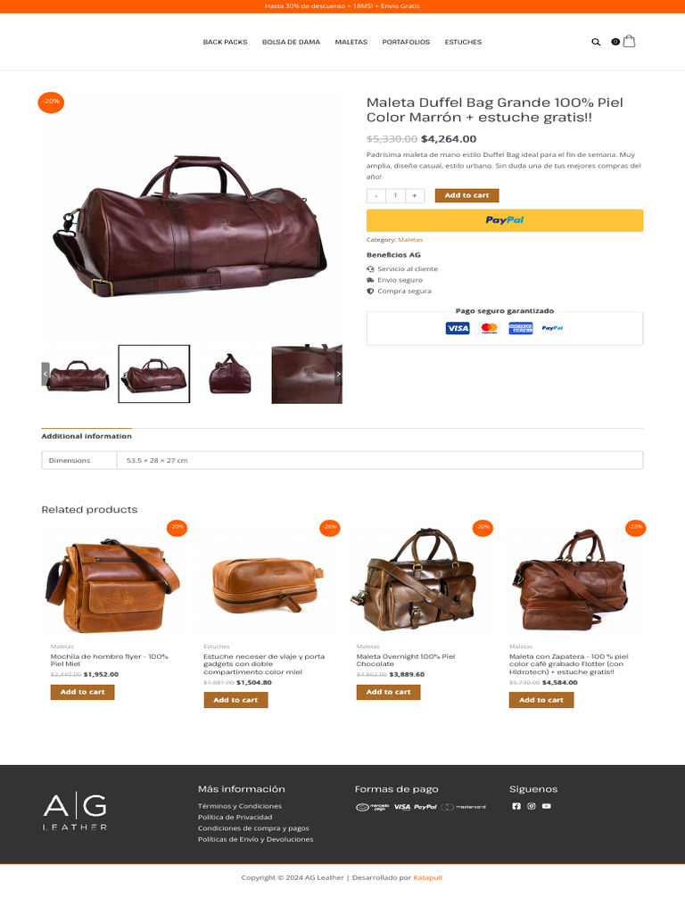 Maleta Duffel Bag Grande 100 Piel Color Marrón + Estuche Gratis!! - AG ...
