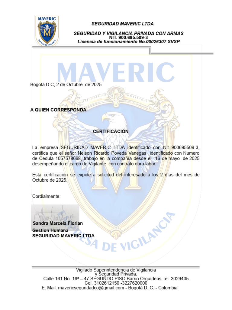 Certificación Laboral Vigilante Mavéric | PDF
