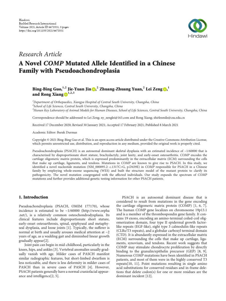 A Novel COMP Mutated Allele Identified in A Chinese Family With ...