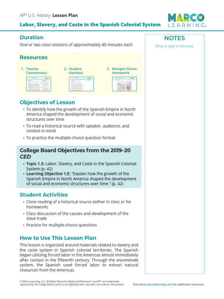 U.S. History Lesson Plan 1 Unit1 Spanish Colonial System | PDF