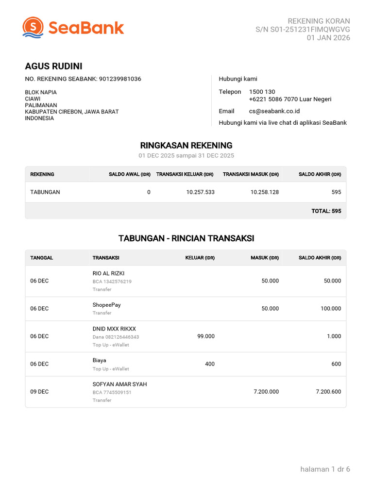 Seabank Statement 20260119 | PDF