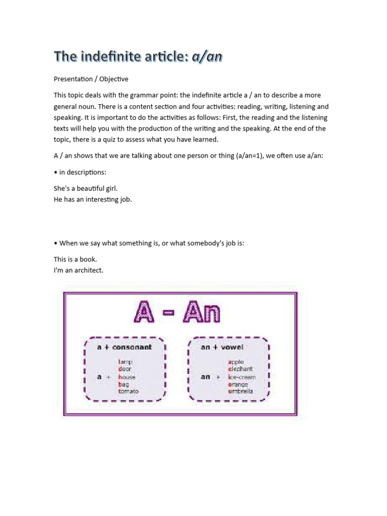 The Indefinite Article. A y An | PDF