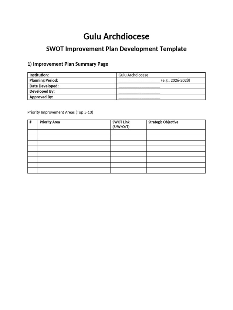 Gulu Archdiocese SWOT Improvement Plan Template | PDF | Performance ...