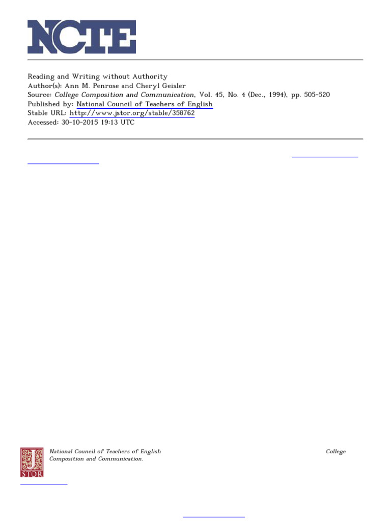 Reading and Writing Without Authority | PDF | Knowledge | Rhetoric